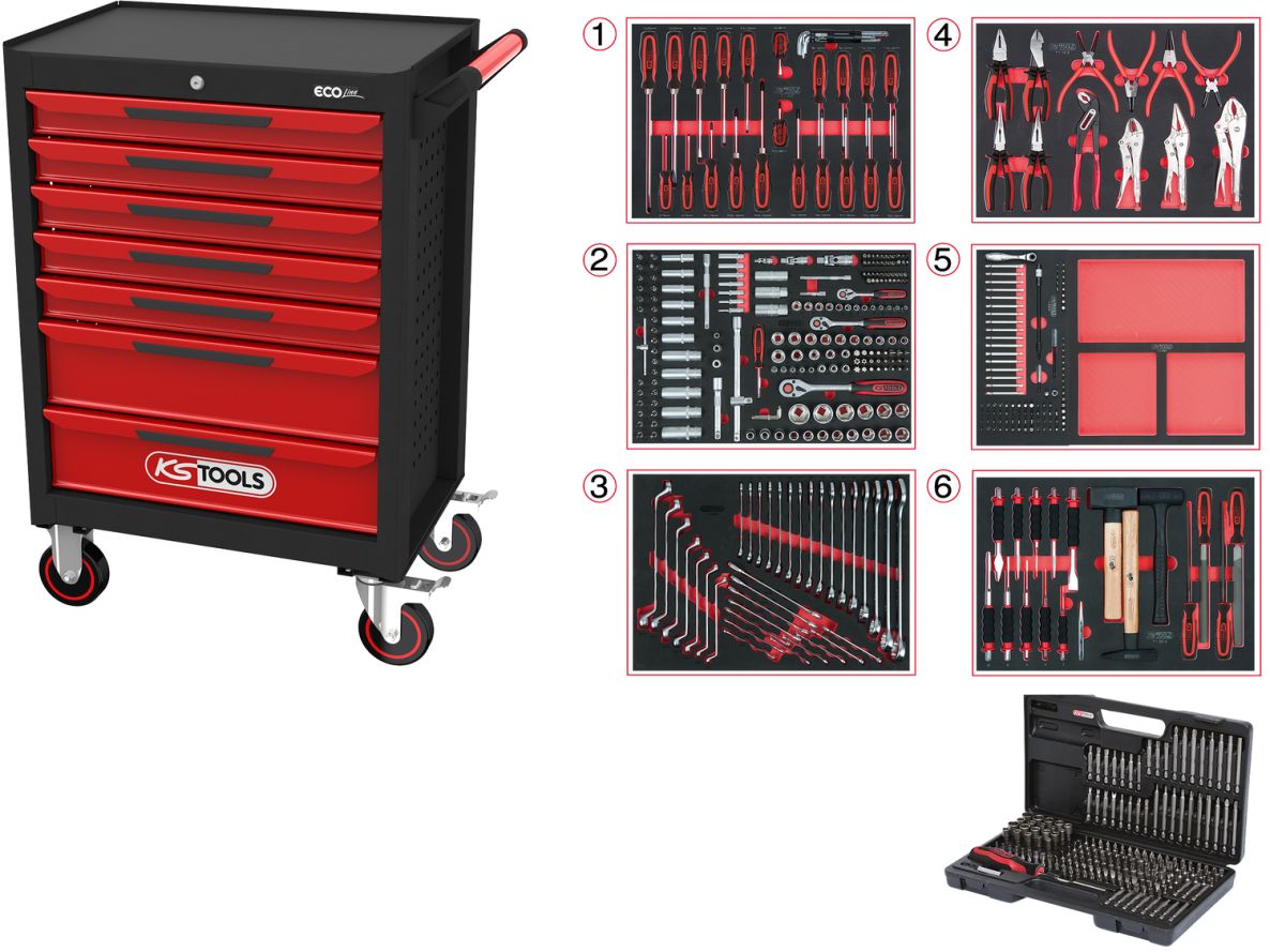 KS Tools 897.7598 ECOline BLACK/RED Tool Cart with 7 Drawers and 598 ...